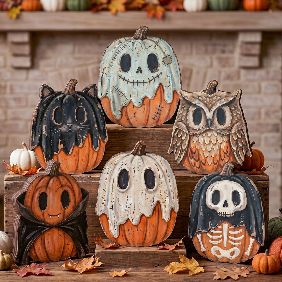 Vintage Halloween Pumpkin Character Wooden Block Sign, Set Vintage Gho ...