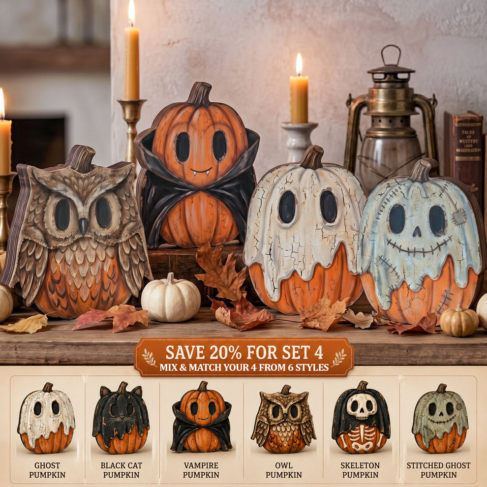 Vintage Halloween Pumpkin Character Wooden Block Sign, Set Vintage Gho ...